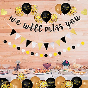 We Will Miss You Banner Coworker Going Away Farewell Decorations Gold Black Glitter Dot Circle Garland Triangle Flag Banner For Goodbye, Retirement, Job Change, later traitor party supplies