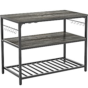 Homieasy Kitchen Island with Wine Glass Holder, Industrial Wood and Metal Coffee Bar Wine Rack Table, 3 Tier Spacious Kitchen Prep Table Extended Counter with Hooks Easy to Assemble, Black Oak