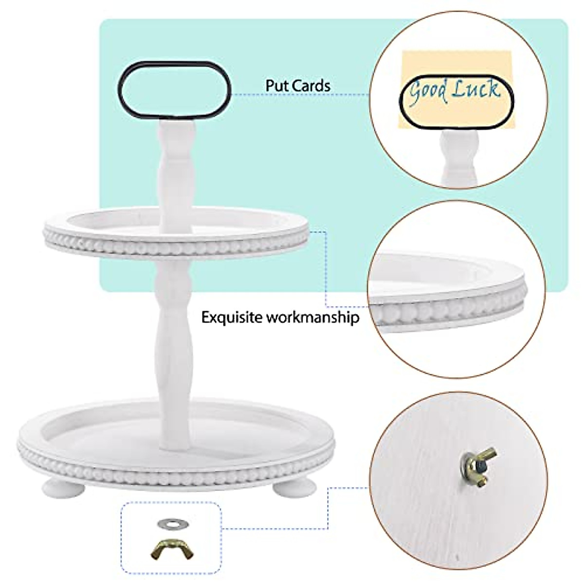 Urban Deco Wooden Decorative Tray Two Tiered Tray Decorations Round Serving Tray with Metal Handle, Wooden Cupcake Stand for Party Tiered Dessert Stand - Retro White Farmhouse Wooden Tray