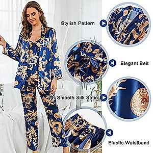 Arwser Women's Silk Satin Pajamas Set 4 Pcs Sleepwear Cami Top Pjs with Shorts and Robe Blue
