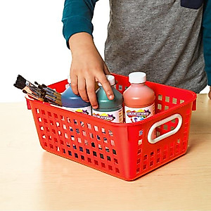 Really Good Stuff Multi-Purpose Plastic Storage Baskets for Classroom or Home Use - Stackable Mesh Plastic Baskets with Grip Handles 11" x 7.5" (Red - Set of 12)