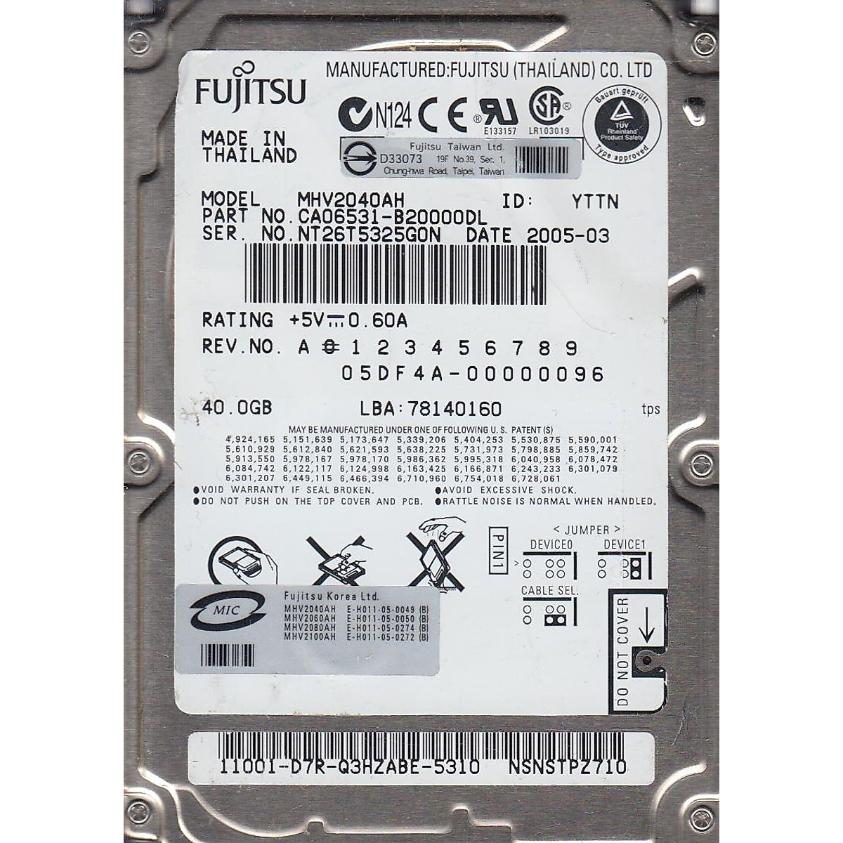 MHV2040AH, PN CA06531-B20000DL, Fujitsu 40GB IDE 2.5 Hard Drive