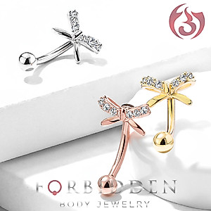 Forbidden Body Jewelry 16g 8mm Curved Barbell for Daith, Eyebrow, Rook & Belly Button with CZ Ribbon Tied Top, Clear/Gold Tone