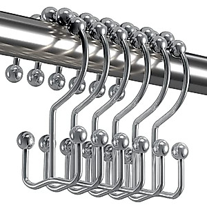 Titanker Shower Curtain Hooks Rings, Rust-Resistant Metal Double Glide Shower Hooks for Bathroom Shower Rods Curtains, Set of 12 Hooks - Chrome