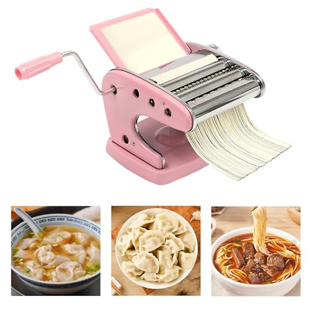 Pasta Maker Machine, Stainless Steel Manual with 6 Adjustable Thickness Settings for Home/Small Restaurants & Outdoor Camping (Pink)