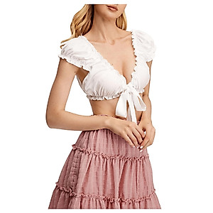 SweatyRocks Women's Sexy Tie Front Crop Top Deep V Neck Puff Short Sleeve Casual Blouse Shirt White Solid XS