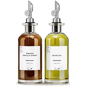Apothecary Olive Oil Dispenser Bottle For Kitchen - Free Spout, 40 labels & Funnel - Coffee Syrup Dispenser Bottle, Glass Cooking Oil And Vinegar Dispenser Set Container, Pitcher, Cruet, Silver