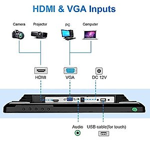 12-Inch Capacitive Multi-Touch POS TFT LED Touchscreen Monitor, True Flat Seamless Design with Adjustable POS Stand for Retail Restaurant, HDMI & VGA Inputs, High Resolution 1024 x 768