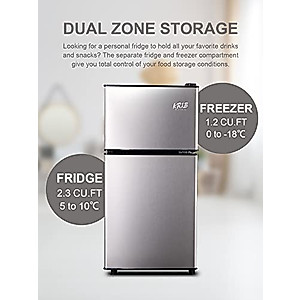 KRIB BLING Refrigerator with Freezer 3.5 Cu.Ft with 7 Level Adjustable Thermostat Control 2 Door Energy Saving Top-Freezer Compact Refrigerator Silver