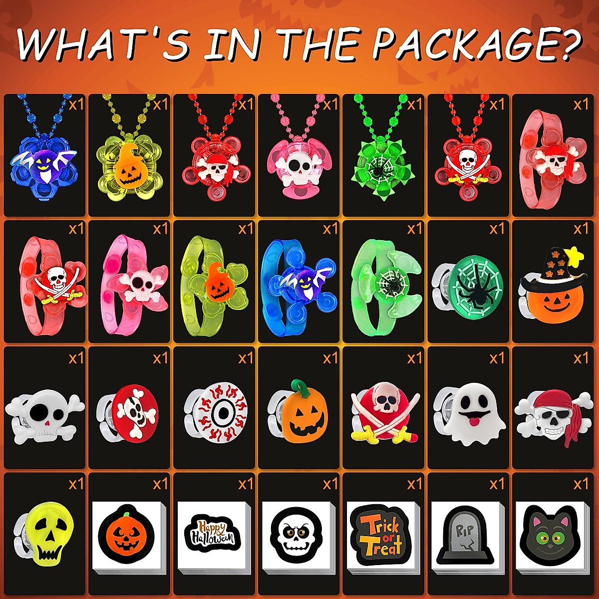 84 PCS Halloween Party Favors for Kids, Halloween Glow in the Dark Toys Rotating Spin Light Up Bracelets Necklaces Rings Decorations, Halloween Trick or Treats Goodie Bag Fillers Party Supplies