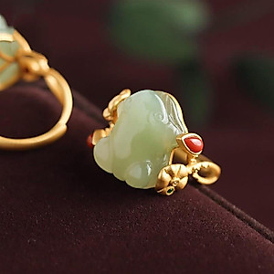 CAOMIAN Designer Original New Natural Hetian Jade Frog Gilt Lotus Leaf Opening Adjustable Ring Personality Trend Fashion Ladies Jewelry (Gem Color : Green, Ring Size : Resizable)