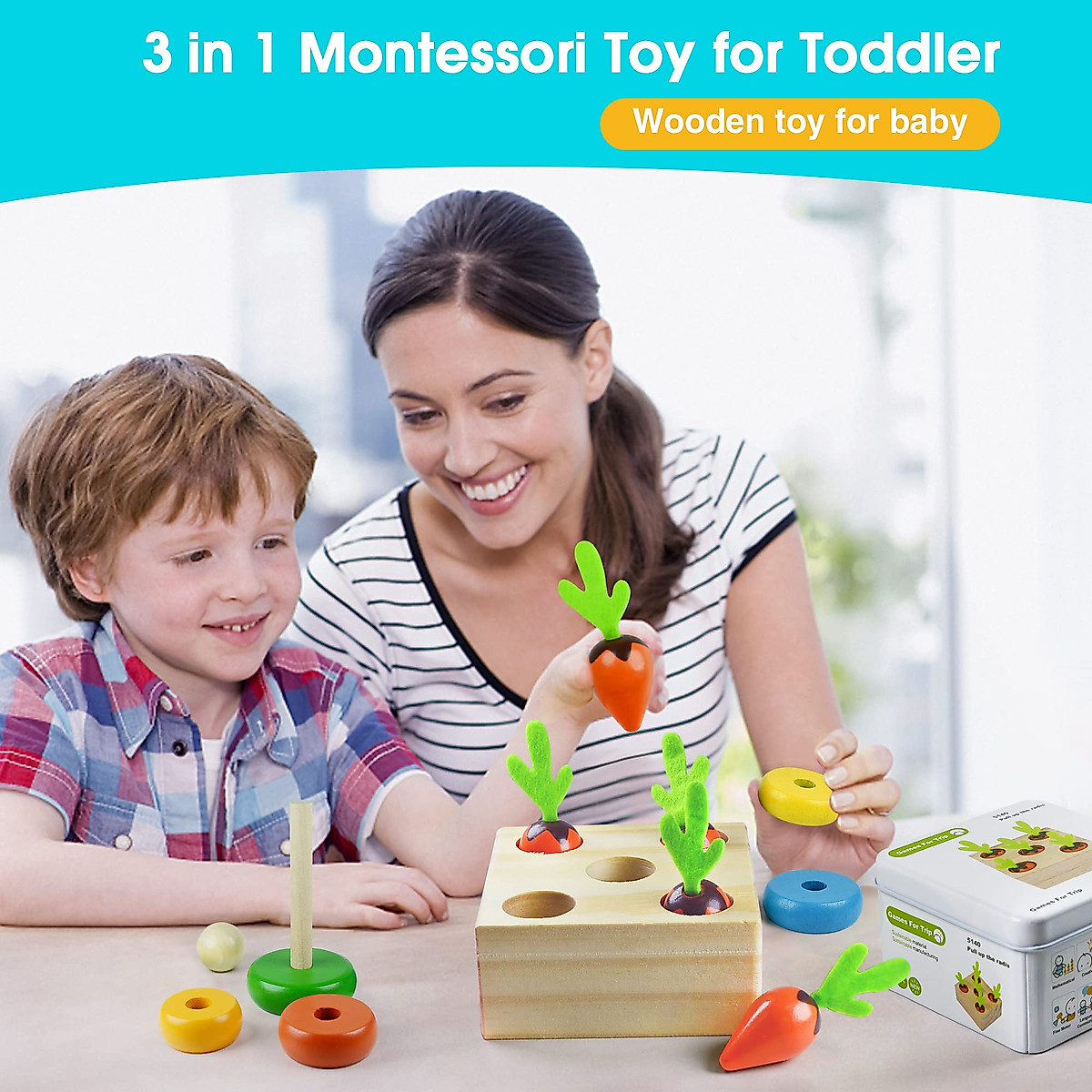 Uncle Nick Montessori Wooden Toy for Baby Stacking Raing Toy Carrot Harvesting Magnetic Fishing Game for 3 Year Old Boy Girls, Early Educational Learning Toy for Preschool