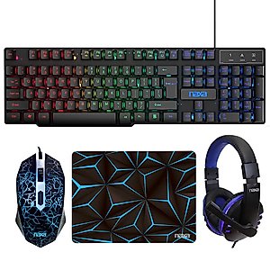 Naxa Electronics NG-5000A 4-in-One Professional Gaming Combo with Full-Size LED Backlit Keyboard, Wired Mouse, Headphones, and Mouse Pad, Blue