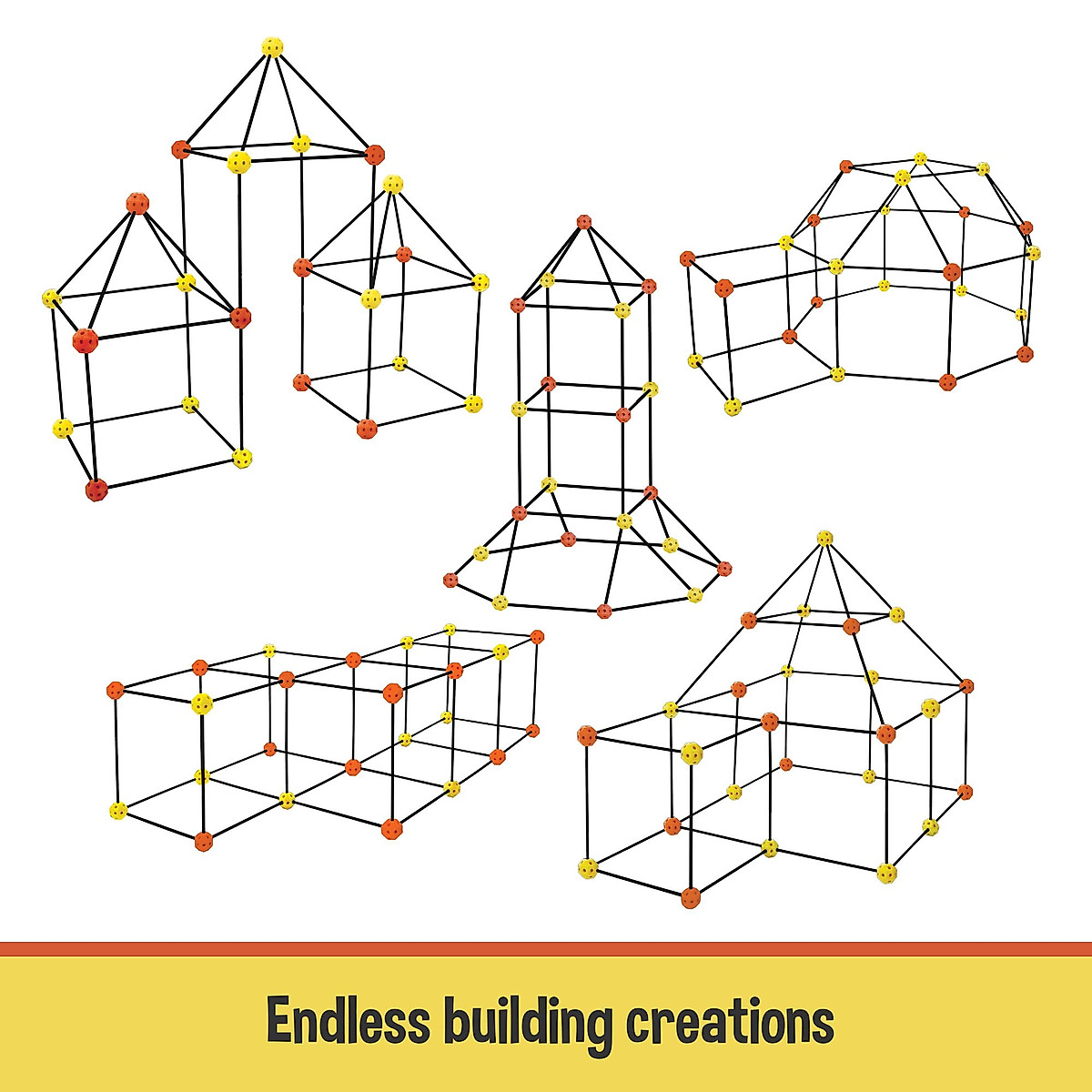Construction Fort Building Kit 85 Pieces and Storage Bag - Build Castles Tunnels Tents Rocket- Creativity and Teambuilding - Great Discovery of Manual Skills Orange Yellow…