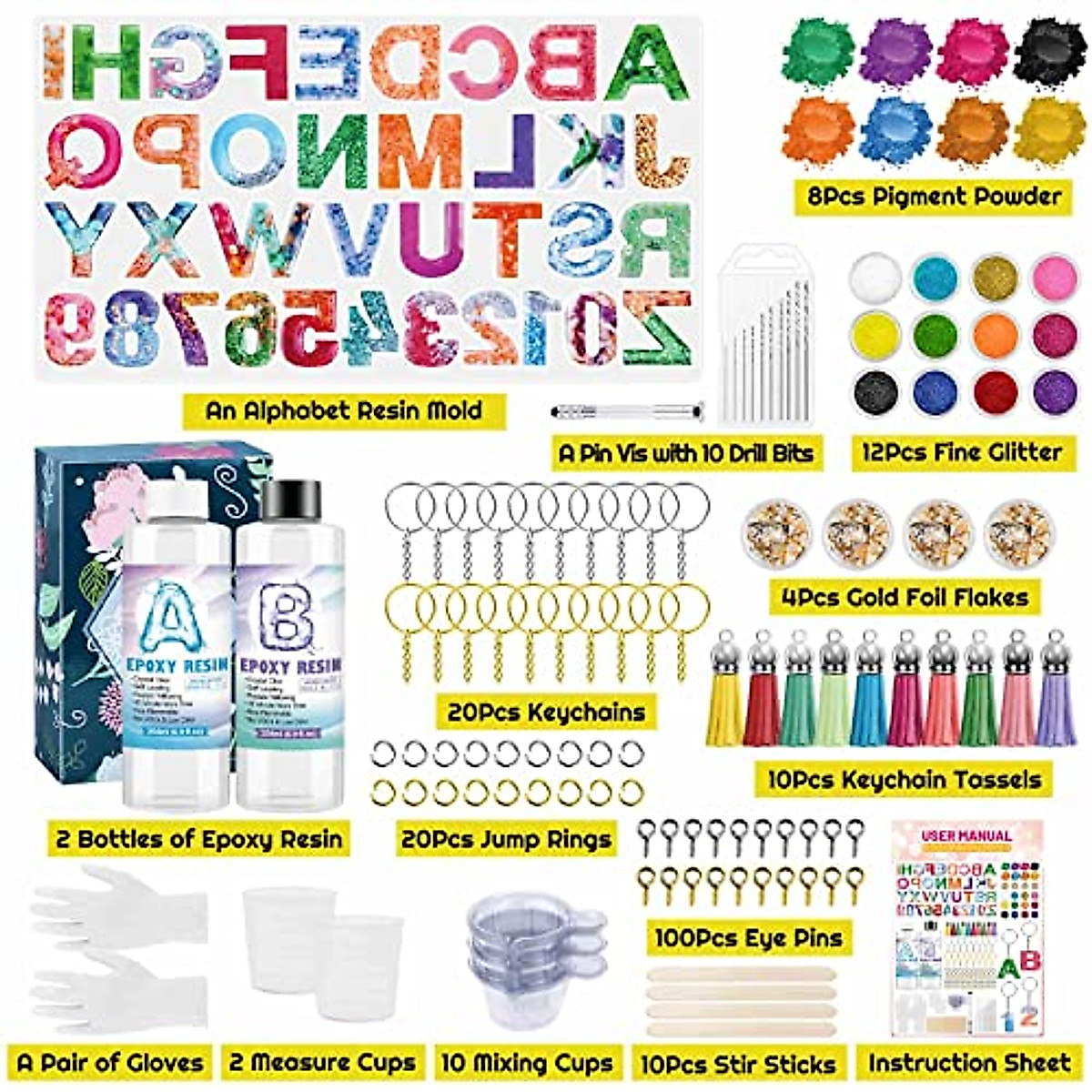 Thrilez Alphabet Resin Molds Kit with Alphabet Silicone Molds, Epoxy Resin, Mica Powder, Glitter, Foil Flakes, Tassels, Keychains, Jump Rings and Pin Vis for Resin Keychain Making
