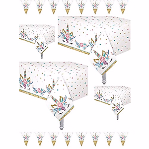 Oojami 4 Pack Unicorn Tablecloth Ideal for Unicorn Theme Birthday Party, Baby Shower Size: 54" x 108" Ideal for Girls Unicorn Glitter Theme Decoration Party | Includes Two Pennant Banners
