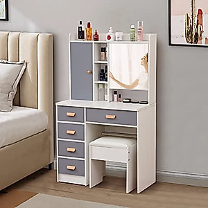Modern White Makeup Table with Mirror 5 Drawers & Hide Cabinet,Storage Stool,for Girls/Women Bedroom