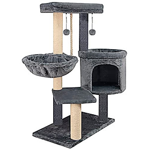 Youpet Fashion Design Cat Tree with Cat Condo Hammock and Two Replacement Hanging Balls,Grey