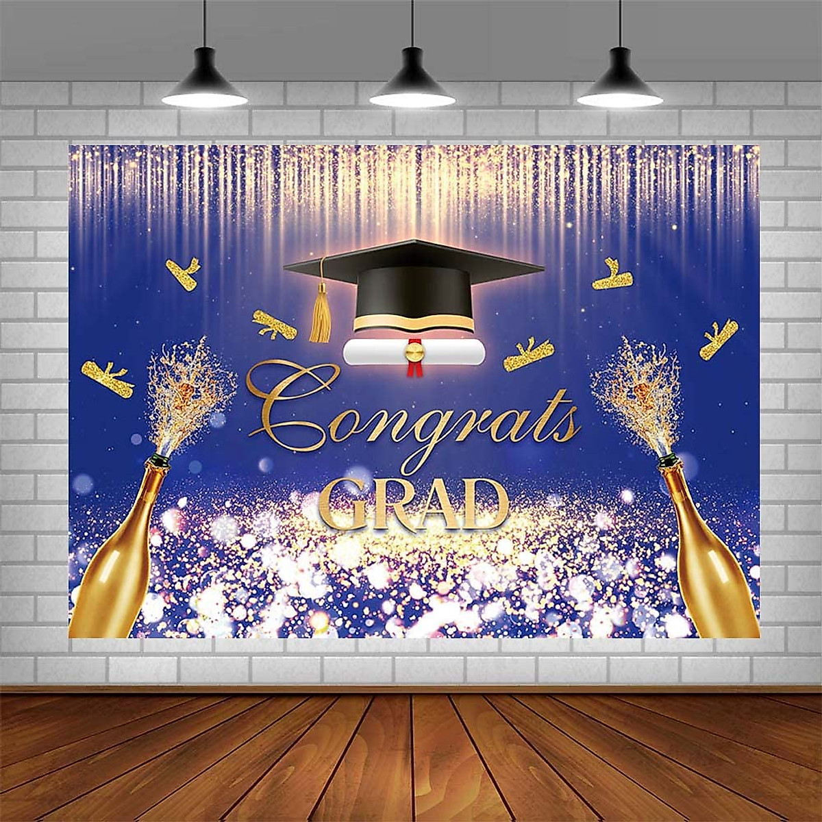 AIBIIN 7x5ft Congrats Grad Backdrop Blue Gold Glitter Graduation Party Decorations Class of 2023 Congratulate Graduation Prom Party Banner Photo Booth Props