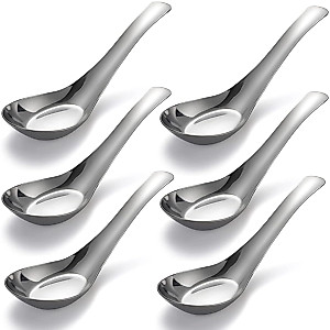 Soup Spoons Set of 6 Stainless Steel Dinner Spoons Mirror Polished Soup Spoon Asian Soup Spoons for Bouillon Dessert Cereal Thai Miso Ramen(6 Pcs) (Medium)