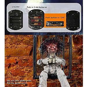 Skeleton Animated Halloween Decorations, Screaming Halloween Decor with Motion Activated & Light Sensor, Spooky Prisoner Cage with Spider Web Haunted House Decorations by CRILEAL, Ghost with Long-hair