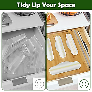 IEMIEBSHA Zip Lock Bag Organizer, 6 in 1 Foil and Plastic Wrap Dispenser with Cutter, Baggie Organizer for Kitchen Drawer, Bamboo Storage Bag Organizer for Gallon Quart Sandwich Snack Bags