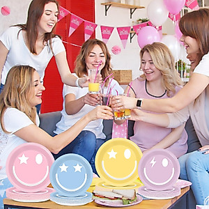 Justforjoyful 96Pcs Pastel Smile Face Party Decorations Paper Plates Napkin Preppy Smile Face Party Tableware Set Smile Face Dinnerware Supplies for Birthday Bachelorette Baby Shower Decor Serve 24
