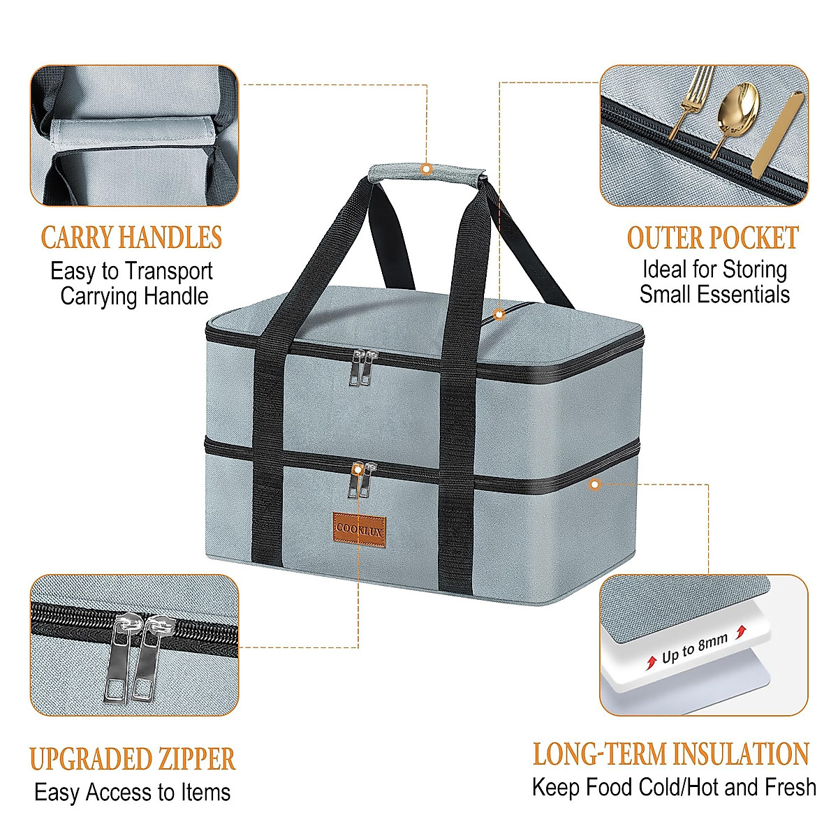 Cooklux Insulated Casserole Carrier - Double Decker Design, Food Warmer Bag for Hot&Cold Food Travel, Fits 9x13 Casserole Dish, Leak-Proof, Durable Nylon, Zip Pockets, Grey