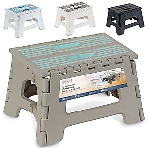 BLACK+DECKER 9'' Folding Step Stool, Foldable Collapsible Step Stools for Adults Holds Up to 330 lbs, Compact Non-Slip Surface with Carry Handle for Kitchen, Bedroom, Garden, Bathroom, Gray/Teal
