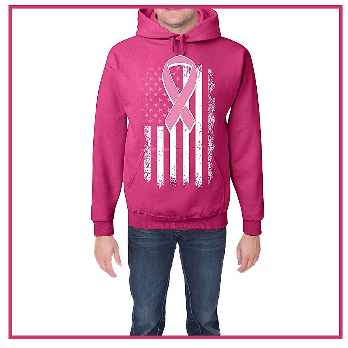 Tee Hunt Pink Ribbon Distressed Flag Hoodie Breast Cancer Awareness Sweatshirt Hot Pink Large