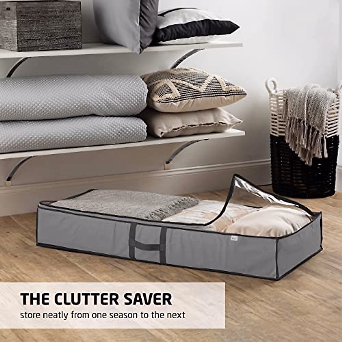 Zober Under Bed Storage - Pack of 2 Under Bed Storage Containers for Clothes, Blankets, Winter Clothing, & Shoes - Under The Bed Storage with Handles, Dual Zippers, & Clear Top (Gray)