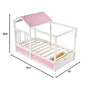 Woanke Twin Size House Bed for Kids, Montessori Playhouse Bed, Solid Wood Twin Platform Bed Frame with Storage Drawers, Roof and Window, Pink