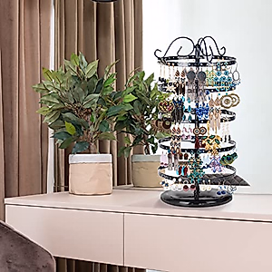 MODOWEY 5 Tiers Metal Rotating Earring Holder Organizer, Exquisite Jewelry Display Stand Necklace Rack Holder, 220 Holes for Earrings- 14x6.3 Inch (Black)