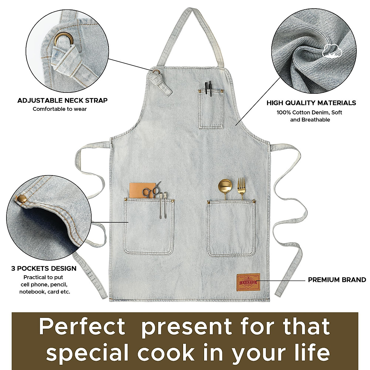 VANTOO Unisex Distressed Jean Apron with Convenient Pockets for Men and Women,White
