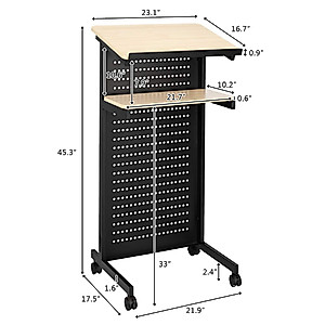 Bonnlo Mobile Wheeled Lectern Standing Podium, Portable Lecture Speech Teach Platform for Classroom Church or Ceremony, Multi-Function Reading or Laptop Desk, Table w/Tilted Top Board & Edge Stopper