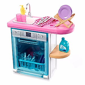 Barbie Indoor Furniture Playset, Kitchen Dishwasher with Working Door and Pull-Out Tray, Plus Dishes and Washing Accessories