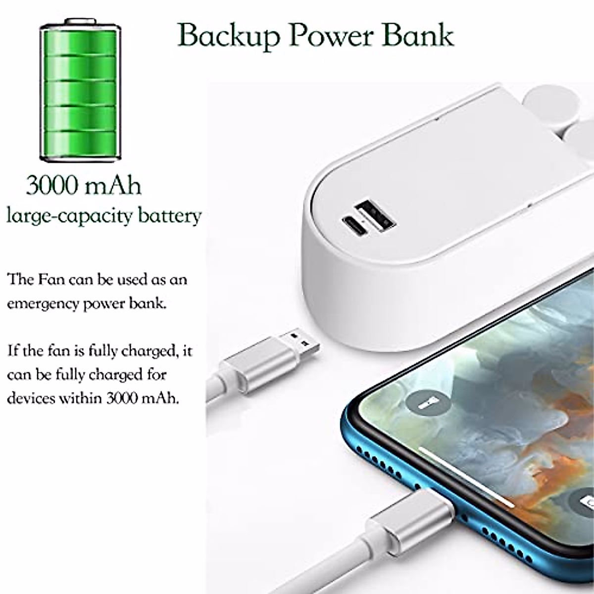 Bovisbws Portable Handheld Desk Fan,Dual-head fan with 3000 mAh Powerbank 20H Runtime,Duble Enhanced Airflow, Battery Operated or USB Powered Folding Personal Fan,3 Speeds,Rechargeable Mini Fan,White