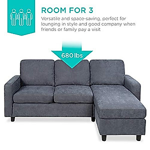 Best Choice Products Linen Sectional Sofa for Home, Apartment, Dorm, Bonus Room, Compact Spaces w/Chaise Lounge, 3-Seat, L-Shape Design, Reversible Ottoman Bench, 680lb Capacity - Blue/Gray