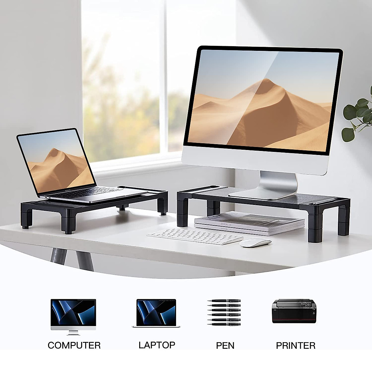 HUANUO Monitor Stand Computer Riser, Monitor Stand for Desk with Adjustable Height and 2 Platforms, Ergonomic Computer Riser, Monitor Riser for Laptops and Monitors, HNMS04