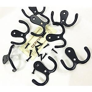 20 Pieces Double Prong Robe Hook Rustic Hooks Retro Cloth Hanger Coat Hanger Heavy Duty Double Prong Coat Hooks Wall Mounted Utility Hook with 44 Pieces Screws (Black Color)