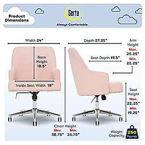Serta Leighton Home Office Chair with Memory Foam, Height-Adjustable Desk Accent Chair with Chrome-Finished Stainless-Steel Base, Twill Fabric, Blush Pink 27.25D x 24W x 35.75H in