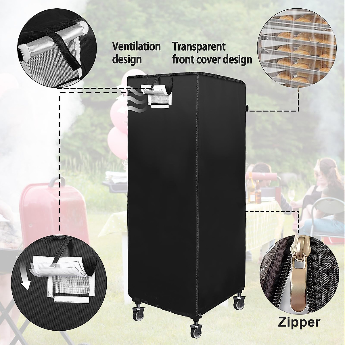 Commercial Bakery Racks Cover Bread Rack Cover with Zipper, 20tier Sheet Pan Rack/Bun Pan Rack Cover with Vents ，23"X28"X64" Bakery Single Rack Covers Waterproof and Dustproof，Black