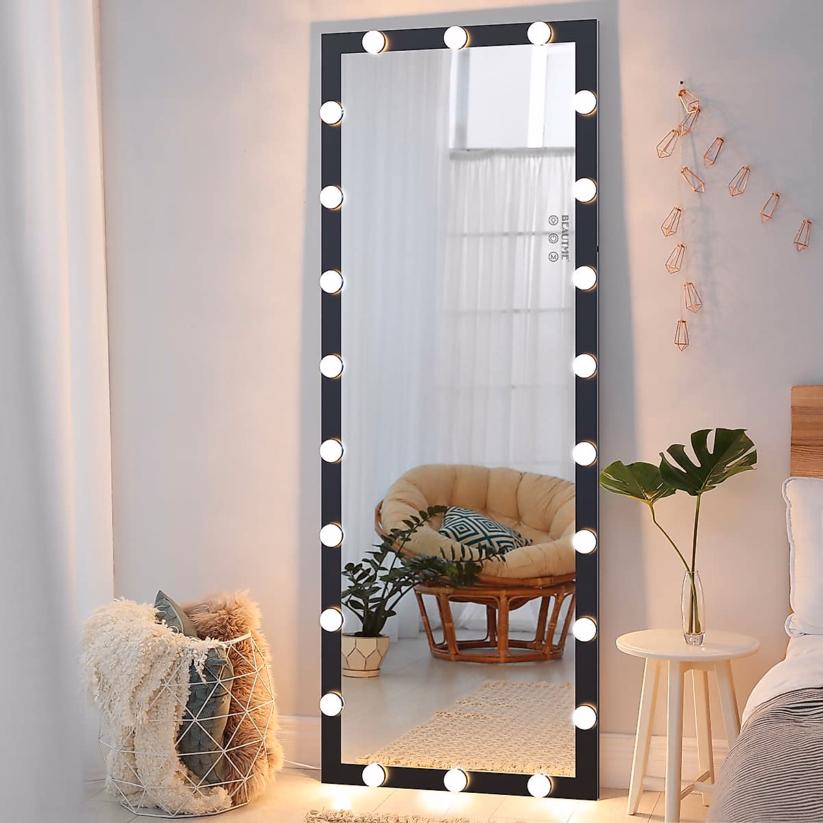 ANYHI Full Length Mirror with Lights, 63" x 24" Full Lenth Vanity Mirror, 22 LED Bulbs, 3 Color Lights, Dimmable, Aluminum Thick Frame, for Dressing Makeup, Straight-Waist Design, Black