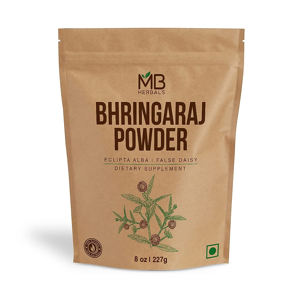 MB Herbals Bhringraj Powder, 227g | 8 oz | 0.5 LB | 100% Pure Eclipta alba | Hair Growth, Brown - Packing May Vary