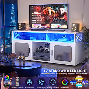 Aheaplus TV Stand for 55 60 Inch TV, Entertainment Center with LED Light & Charging Station, TV Console Table, Large Media Console Cabinet w/Soundbar Shelf, Cord Holes, for Living Room, Bedroom, White