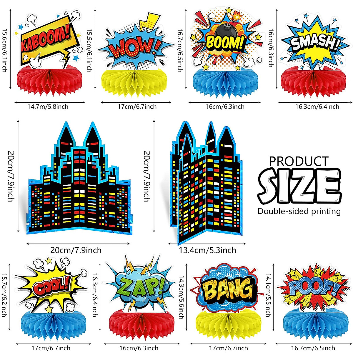 Set of 10 Hero Themed Party Decoration hero Honeycomb Centerpieces Hero Action Sign Table Centerpiece Fun Hero Theme Party Table Topper Decor for Happy Birthday Baby Shower Party Supplies Favor