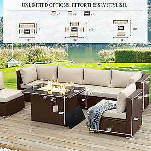 BULEXYARD High Back Brown PE Rattan Outdoor Patio Furniture Set with Propane Fire Pit Table, Large Wicker Outside Sectional Furniture Sofa Conversation Sets for Backyard(Beige, 7Pcs-A)