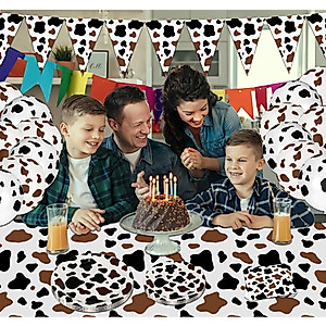 Brown Cow Prints Plates and Napkins Party Supplies, Highland Cow Birthday Decorations-Cow Print Tablecloth, Banner, Plates and Napkins, Balloons, Straws for Farm Party Baby Shower, Cowboy Cowgirl
