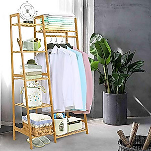 COOGOU Wood Clothes Rack Garment Racks for Hanging Bamboo Clothing Rack with Shelves Corner Narrow Hanging Clothes Racks for Kids Childs Clothes Organizer Small Space,Free Standing (Ladder Design)