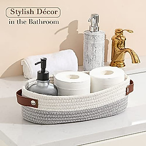 Lewondr Woven Storage Basket with Leather Handles, Small Cotton Rope Basket for Toilet Tank Top, Farmhouse Decor Basket for Bathroom Bedroom Laundry Countertop Storage Paper Towel Toy, White + Gray
